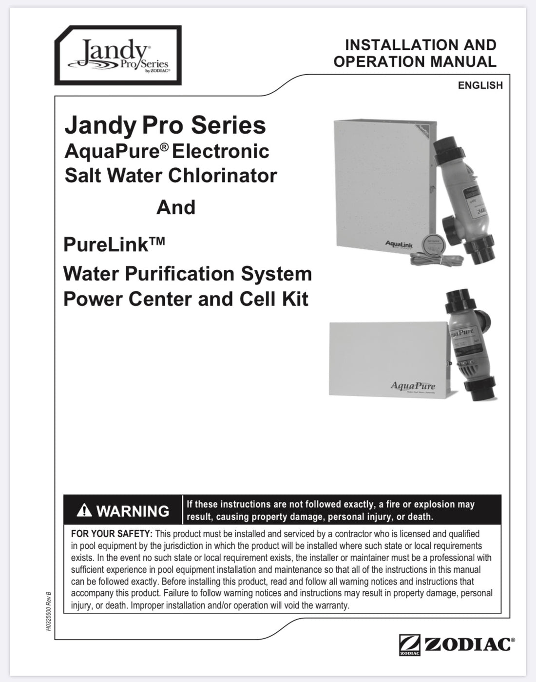 JandyPro Series AquaPure and PureLink PDF Installation Manual